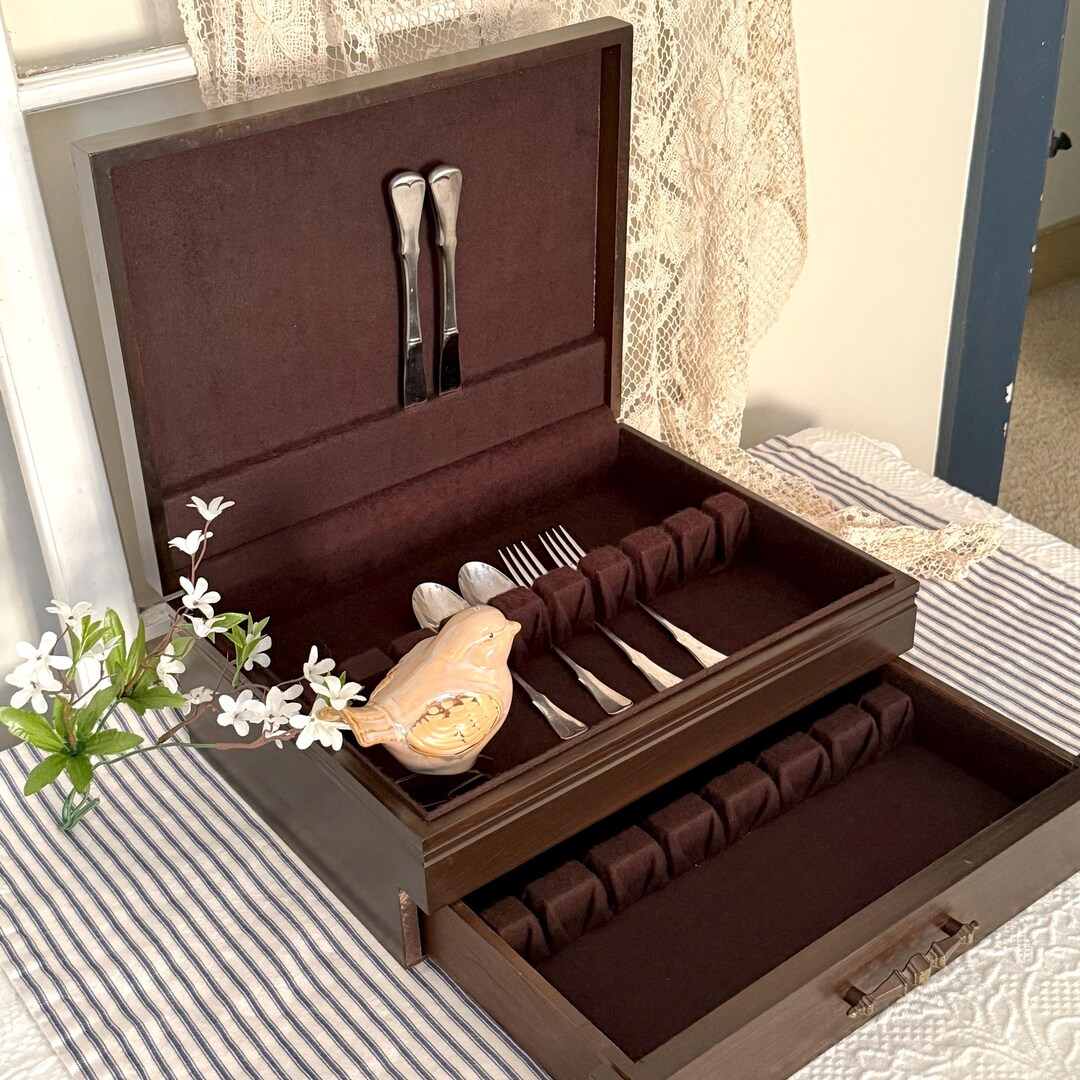Flatware Box W/ Drawer Silverware Storage Organizer Box Brown Felt Anti ...