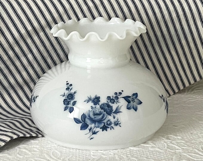 White Milk Glass Shade With Blue Flowers - Student Lamp Shade With ...