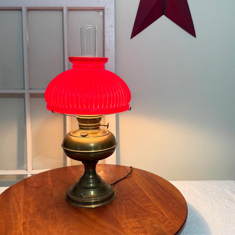Vintage Electrified Rayo Brass Oil Lamp With Cranberry Glass Shade ...