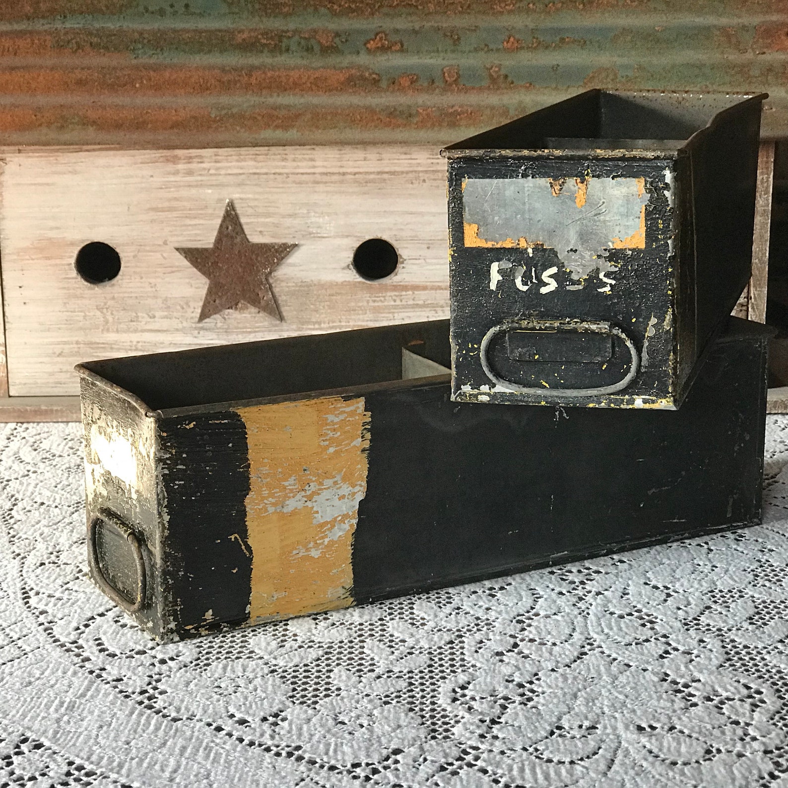 2 Vintage Rusty Metal Drawers Divided Shadow Hanging Boxes Organizers ...