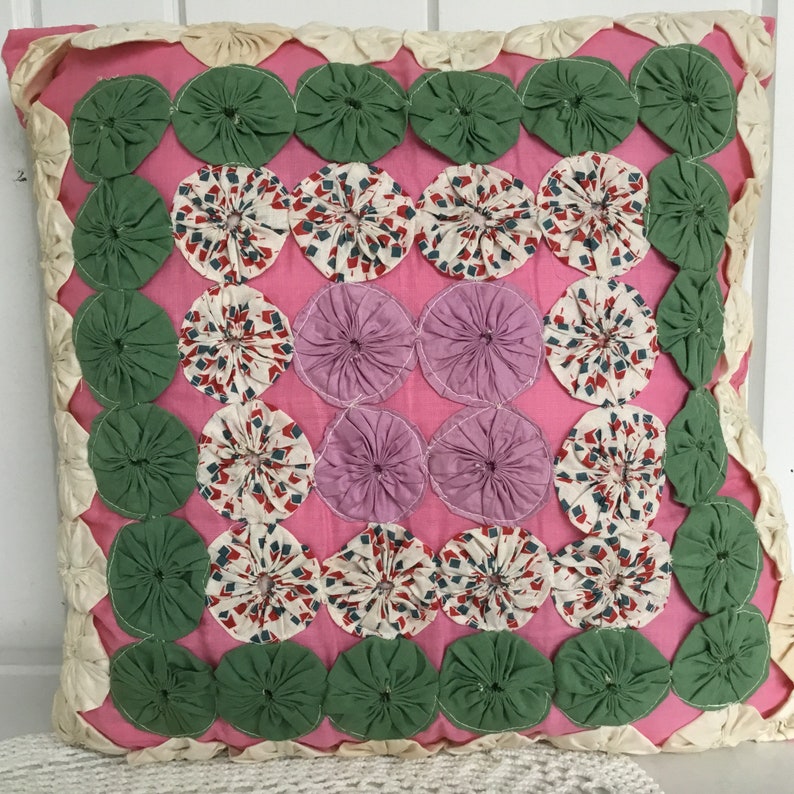Vintage Yo-yo Pillow Multi Color Pink Green Purple White 14" X 14" X 5 ...