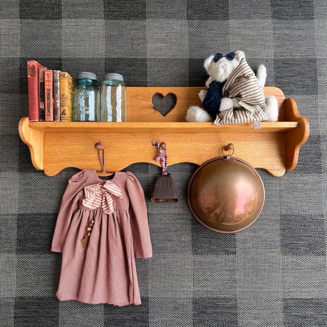 Vintage 36 1/2 Shaker Style Wall Shelf Solid Oak With 1 Heart & 3 Pegs ...