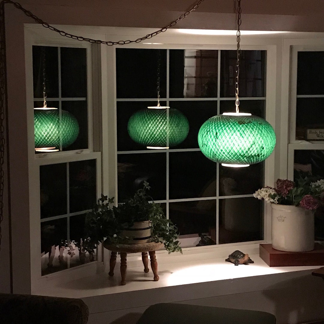 Green Swag Spaghetti Fiberglass String Hanging Lamp Gold Chain 16 Wide by 11 Tall W/ 140 Long ...
