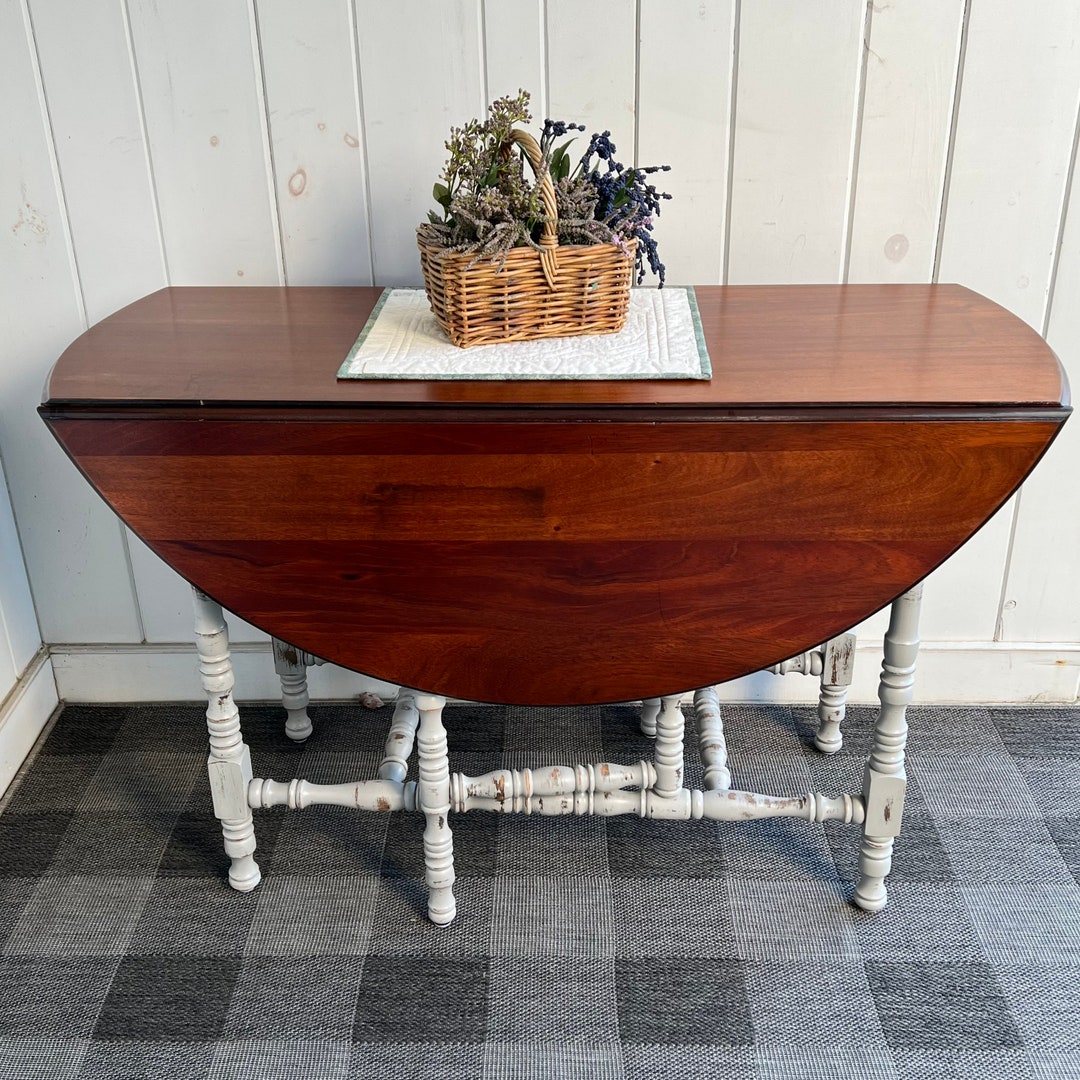 48" Round Dropleaf Gateleg Table Dark Walnut Top and Drawer With Gray ...