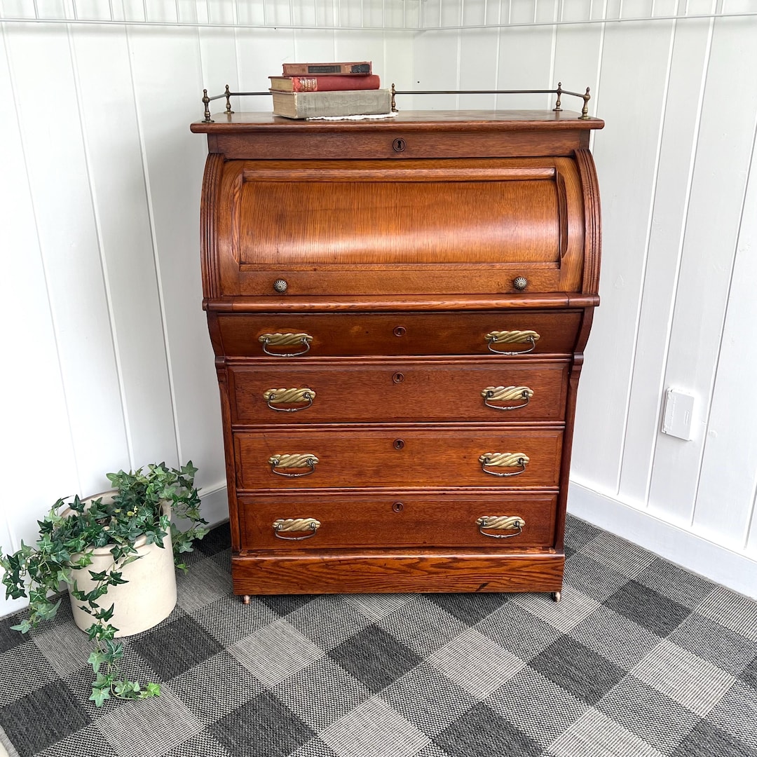 1891 Antique Cylinder Roll Top Desk 4 Drawers & Inside Cubbies 42 Tall ...