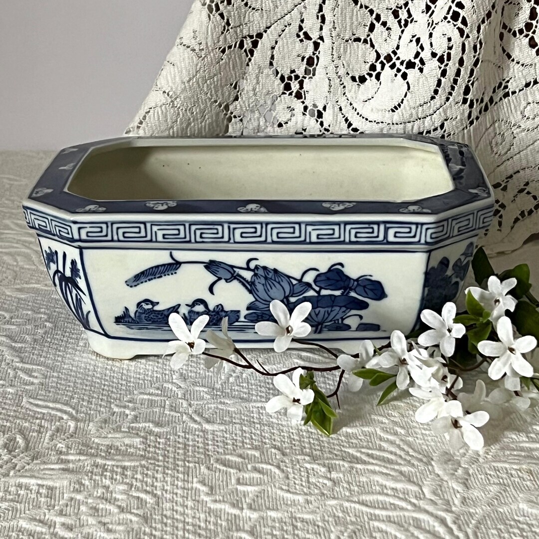Porcelain Bonsai Pot, Blue & White - Rectangle Made in China (1 Tiny ...