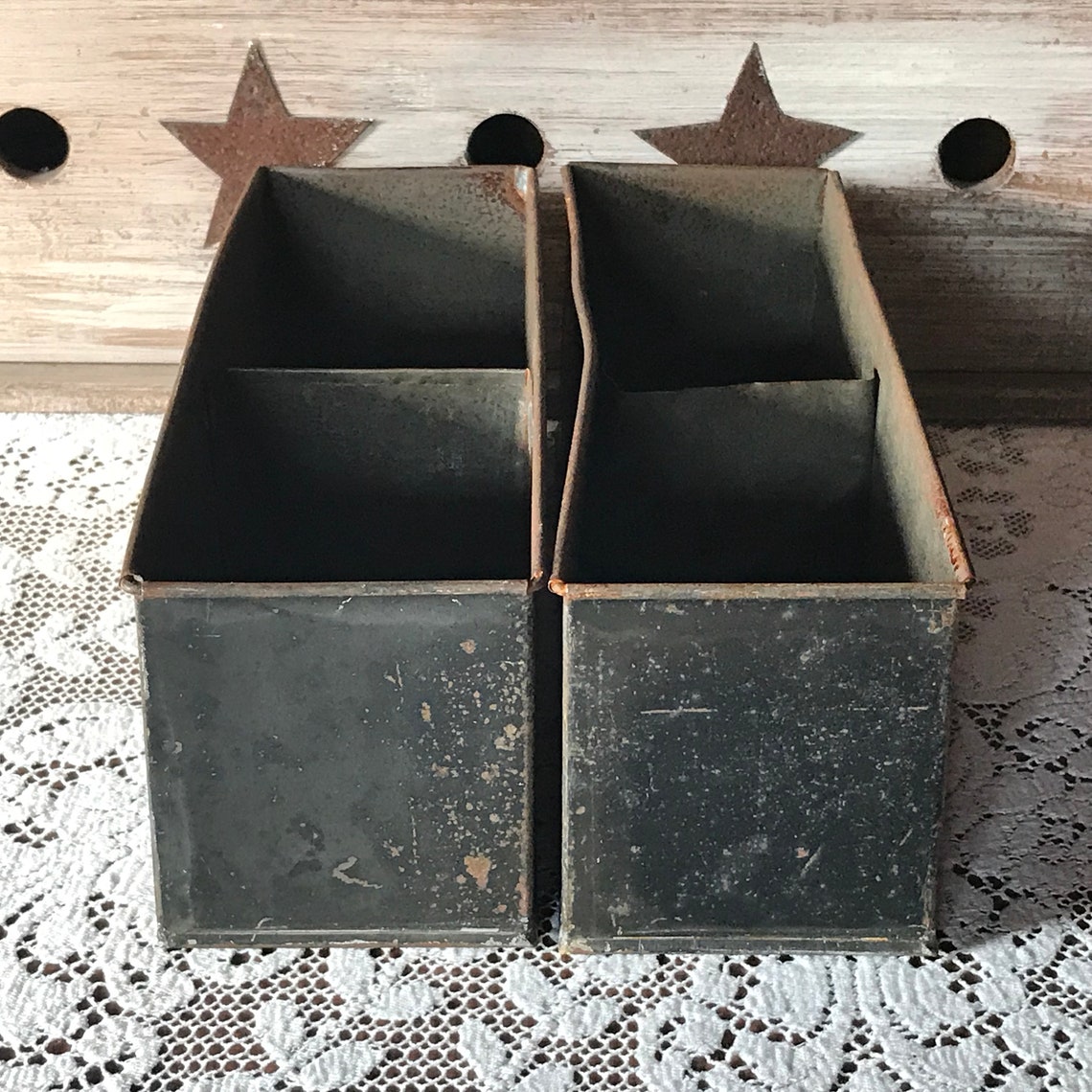 2 Vintage Rusty Metal Drawers Divided Shadow Hanging Boxes Organizers ...