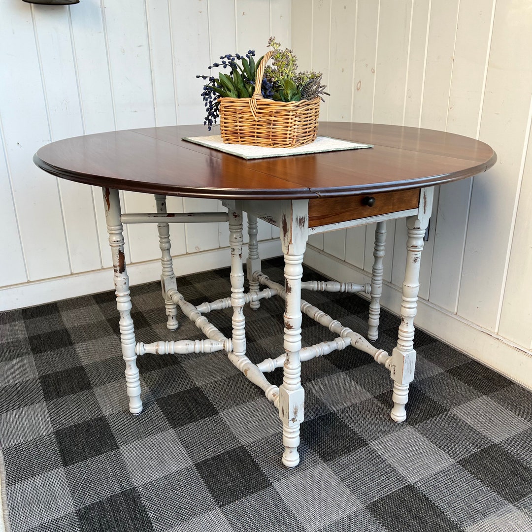 48 Round Dropleaf Gateleg Table Dark Walnut Top and Drawer With Gray ...