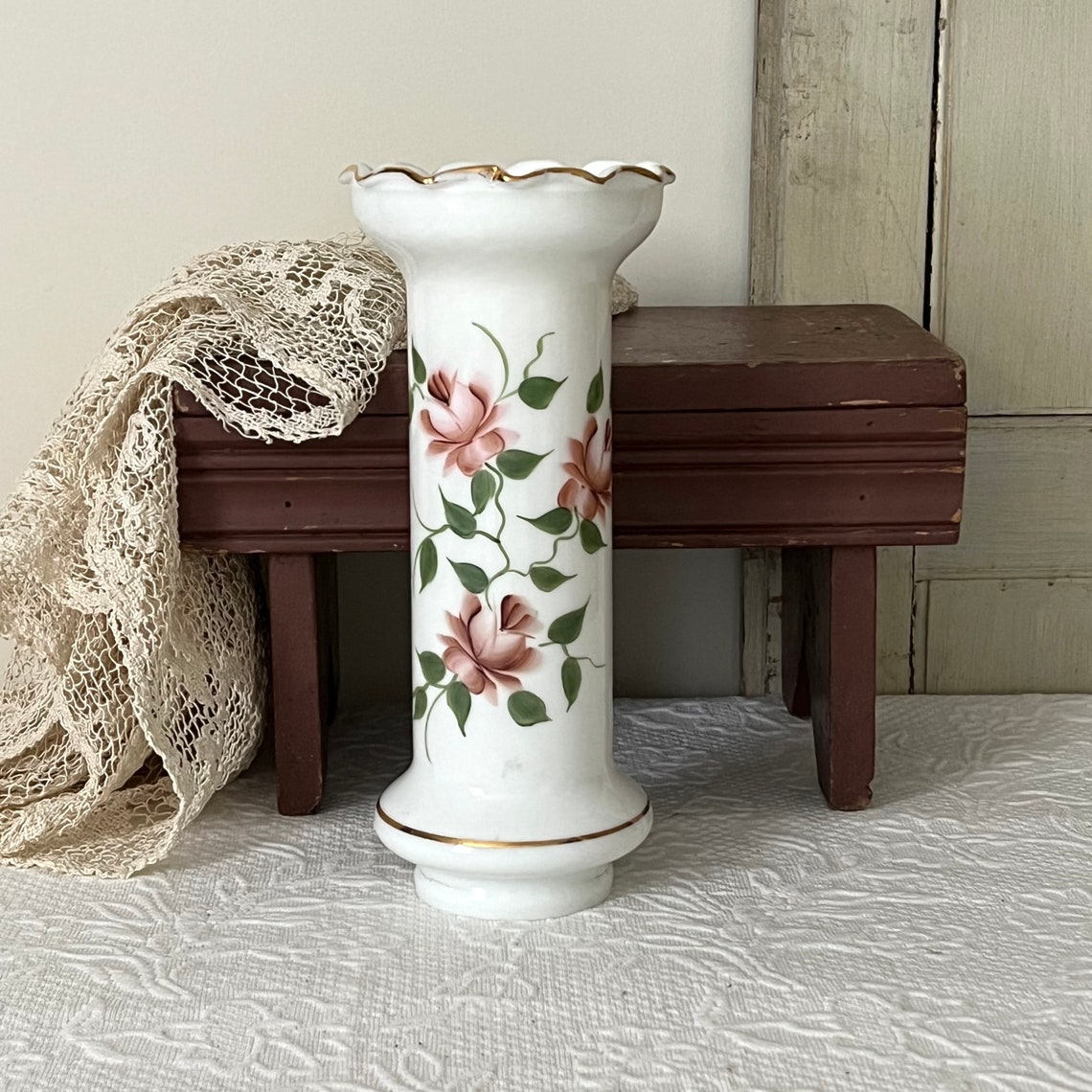 10 7/8" Tall Milk Glass and Floral Cylinder Shade With Hand Painted ...