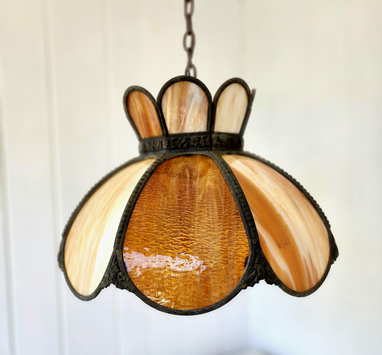 Antique Tiffany Style Bent Slag Glass Hanging Light Fixture 19w X 12h ...