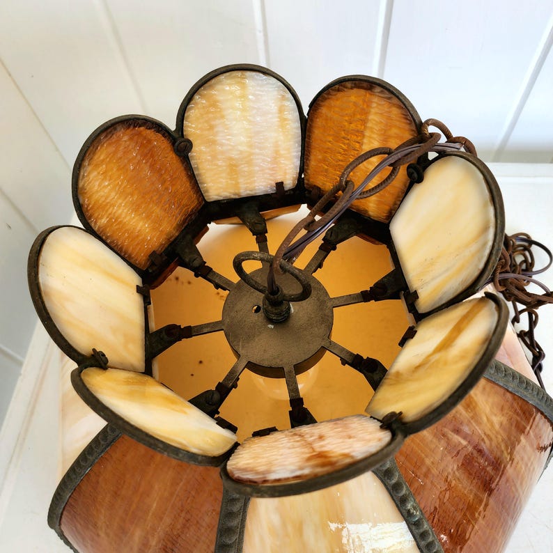 Antique Tiffany Style Bent Slag Glass Hanging Light Fixture 19w X 12h ...