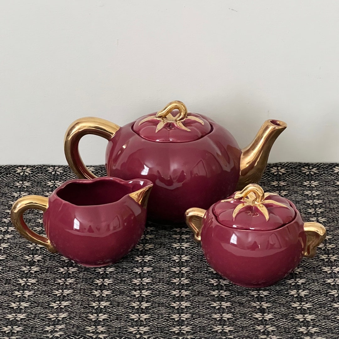 Mid Century Tomato Tea Pot With Sugar and Creamer - “sugar Bowl Lid Not ...