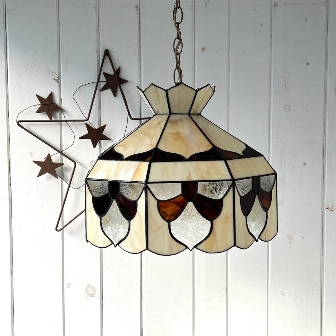 Stained Glass Hanging Light Fixture 16w X 13 1/4t Gold White & Brown ...