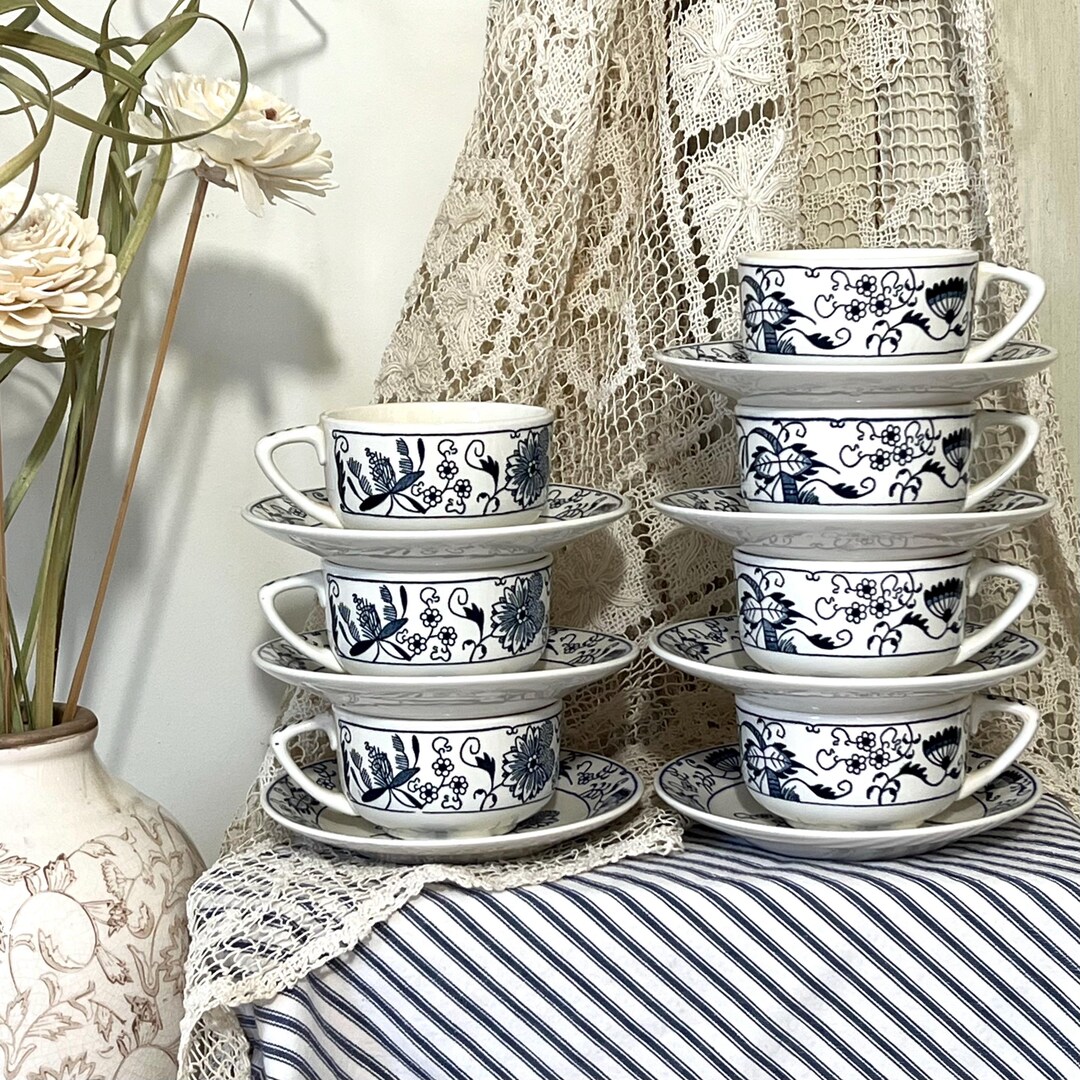 7 Teacup and Saucers Blue Onion DOORN Print Underglaze by Royal Made in ...