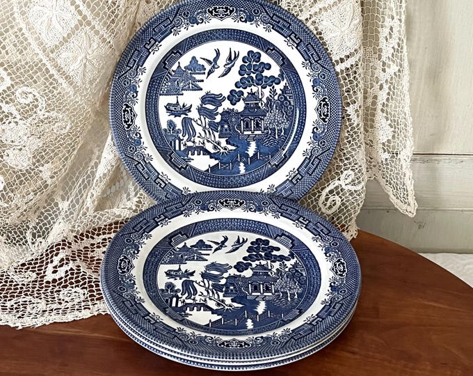 4 Vintage Churchill England Blue and White Willow Ware 10 1/4” Dinner ...