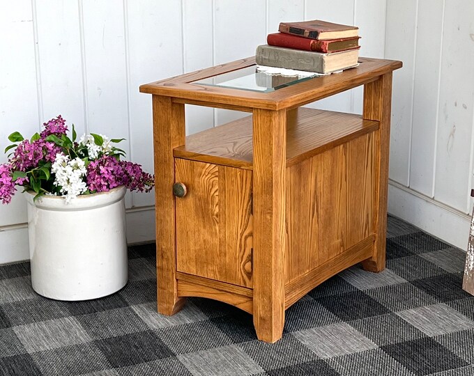 Oak End Table With Cabinet and Glass Top ~ Accent Side Table Bedside ...