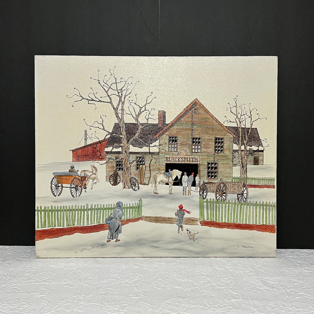 Vintage H. Hargrove Painting Blacksmith Barn Scene, Horses and a Boy ...