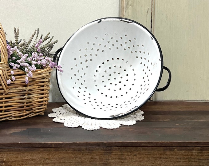 Vintage Colander Enameled Metal White and Black Chippy Patina 11
