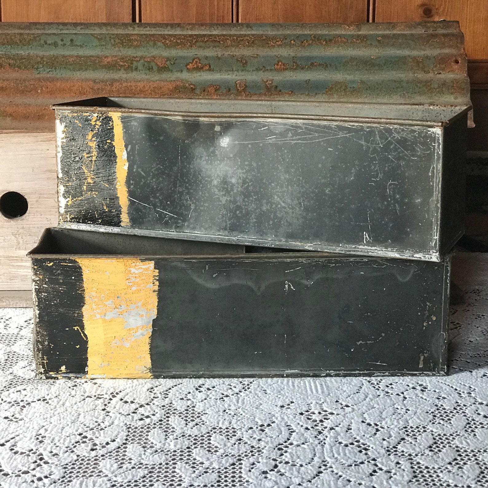 2 Vintage Rusty Metal Drawers Divided Shadow Hanging Boxes Organizers ...