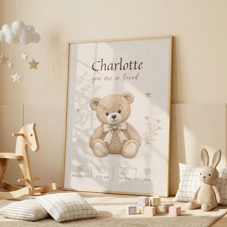 Stitch-inspired Teddy Bear Birth Stats Print, Custom Baby Name Nursery ...