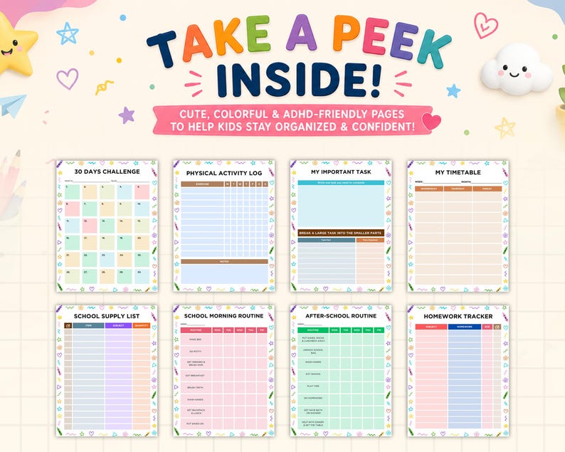 ADHD Kids Planner 2026 Printable, Executive Function Workbook, Focus ...