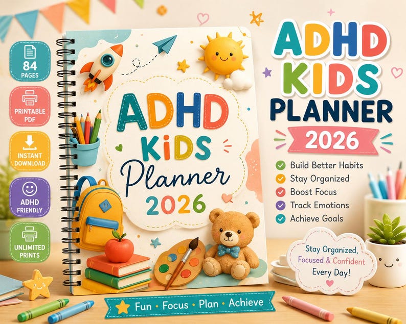 ADHD Kids Planner 2026 Printable, Executive Function Workbook, Focus ...