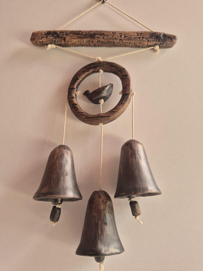 Handmade Ceramic Hanging Bells With Bird Detail – Rustic Home Decor ...