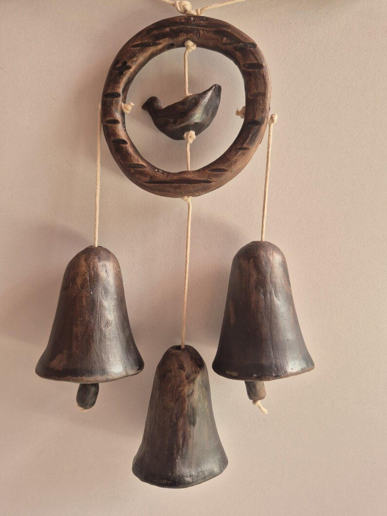 Handmade Ceramic Hanging Bells With Bird Detail – Rustic Home Decor ...
