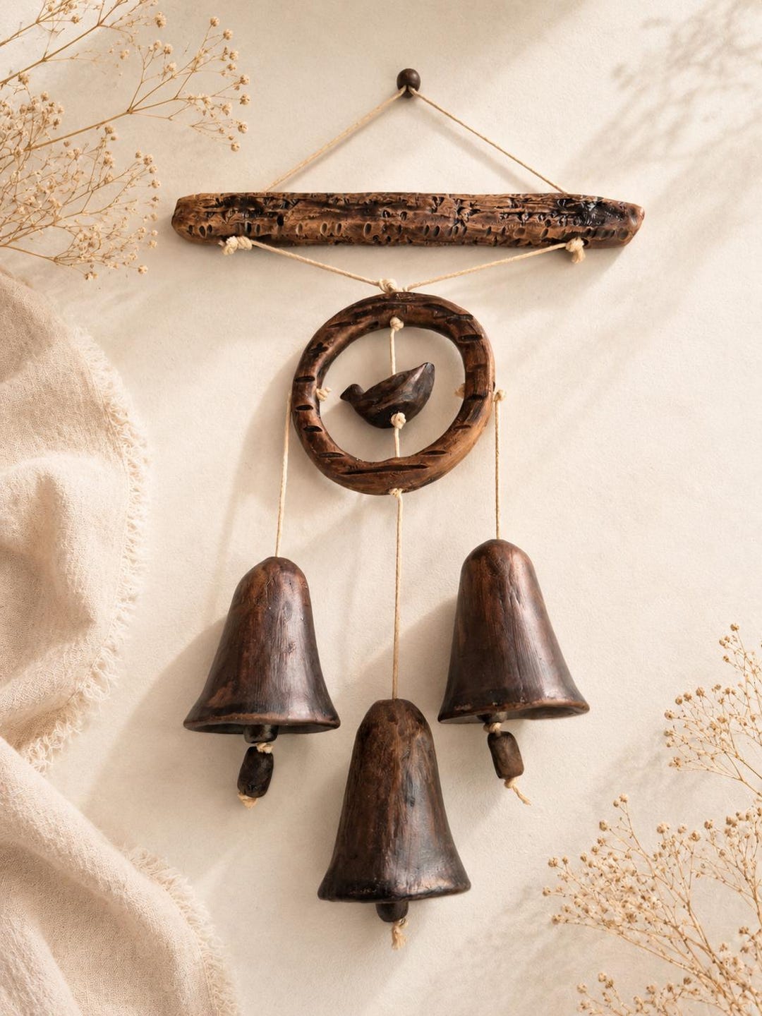 Handmade Ceramic Hanging Bells With Bird Detail – Rustic Home Decor ...
