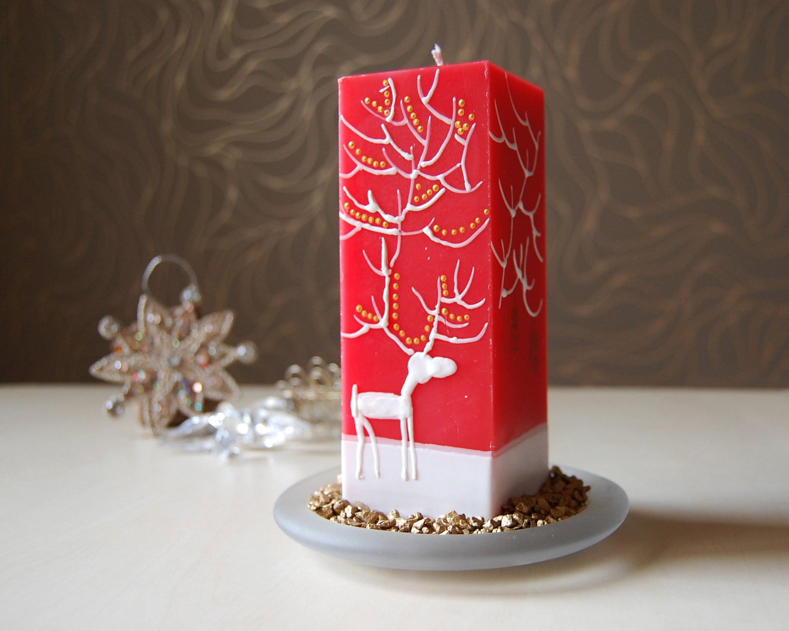 Christmas Pillar Candle Rectangle Handpainted White Deer on - Etsy