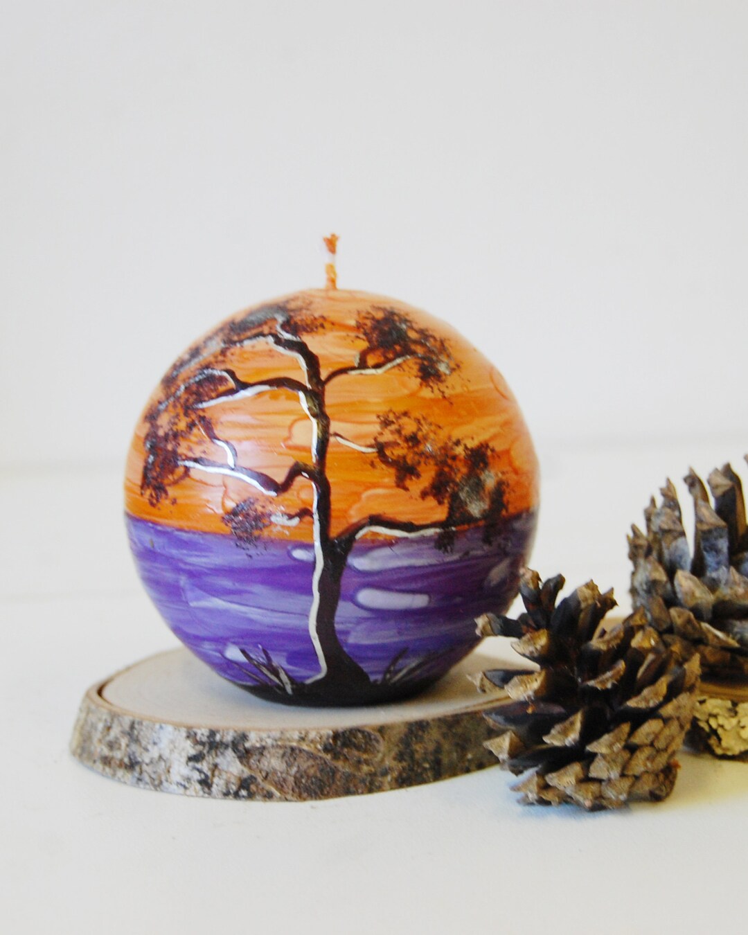 Handpainted Candle Ball, Sunset Beach Scene, Ocean and Pine Design ...