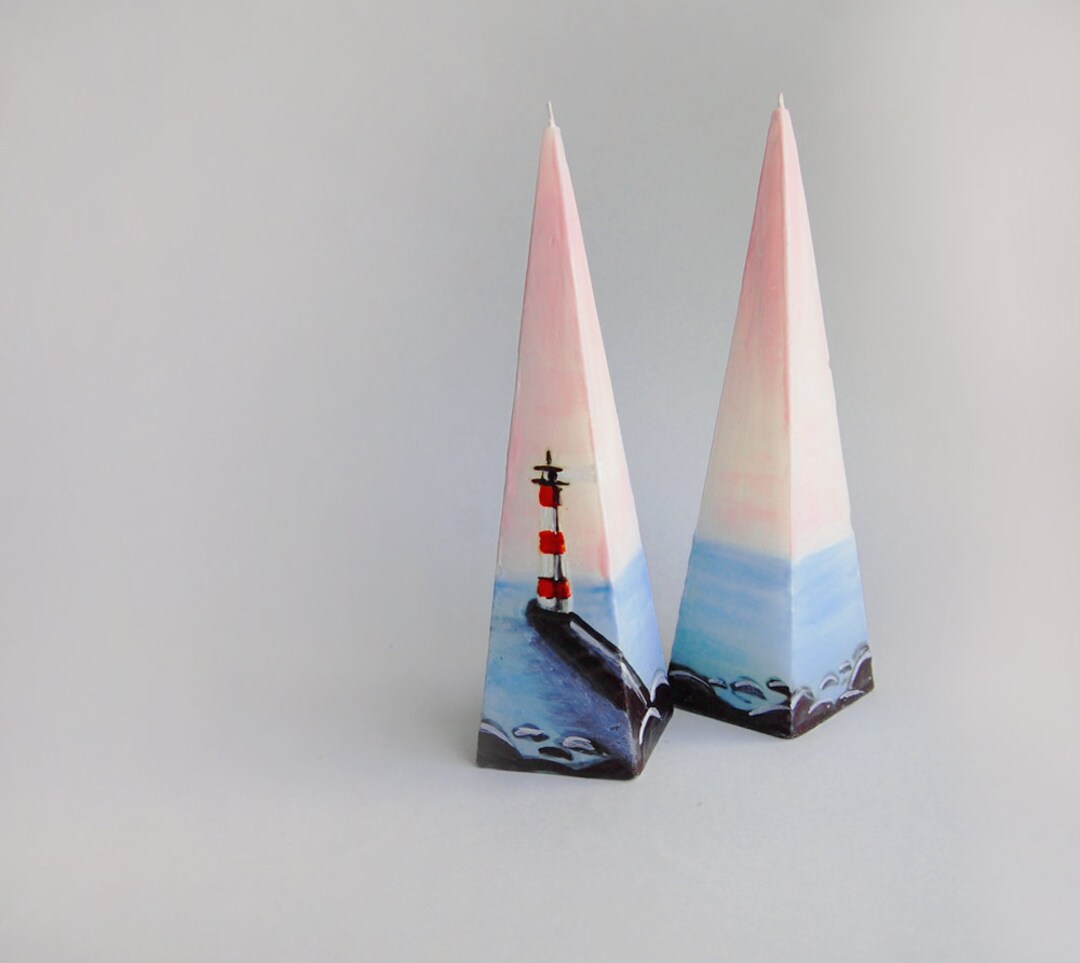 Handpainted Pyramid Candle, Lighthouse, Nautical Decor - Etsy