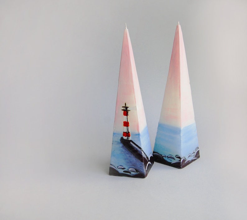 Handpainted Pyramid Candle With Lighthouse on the Breakwater - Etsy