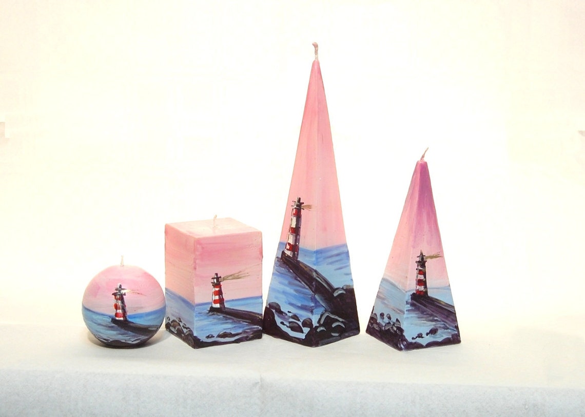 Handpainted Pyramid Candle With Lighthouse on the Breakwater - Etsy