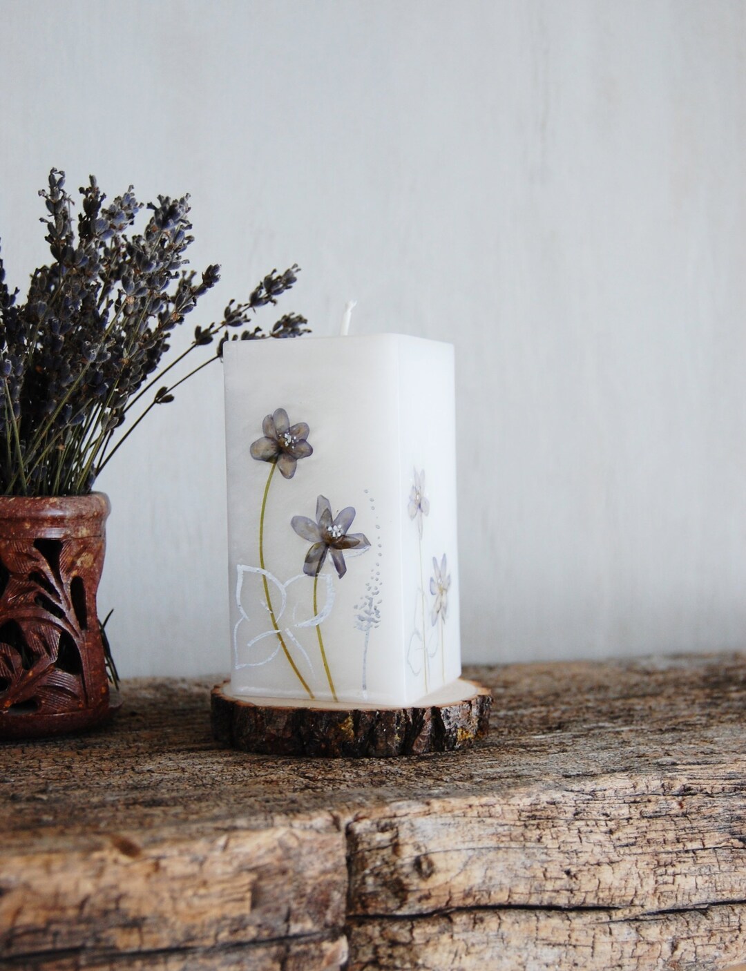White Rectangle Candle With Real Pressed Flowers, Dried Violets Candle ...