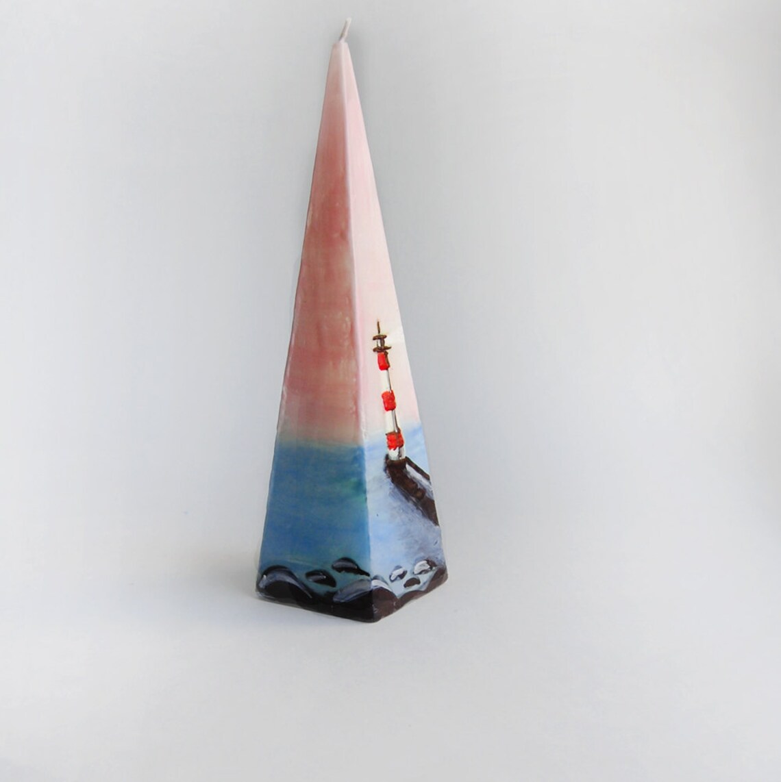 Handpainted Pyramid Candle With Lighthouse on the Breakwater - Etsy