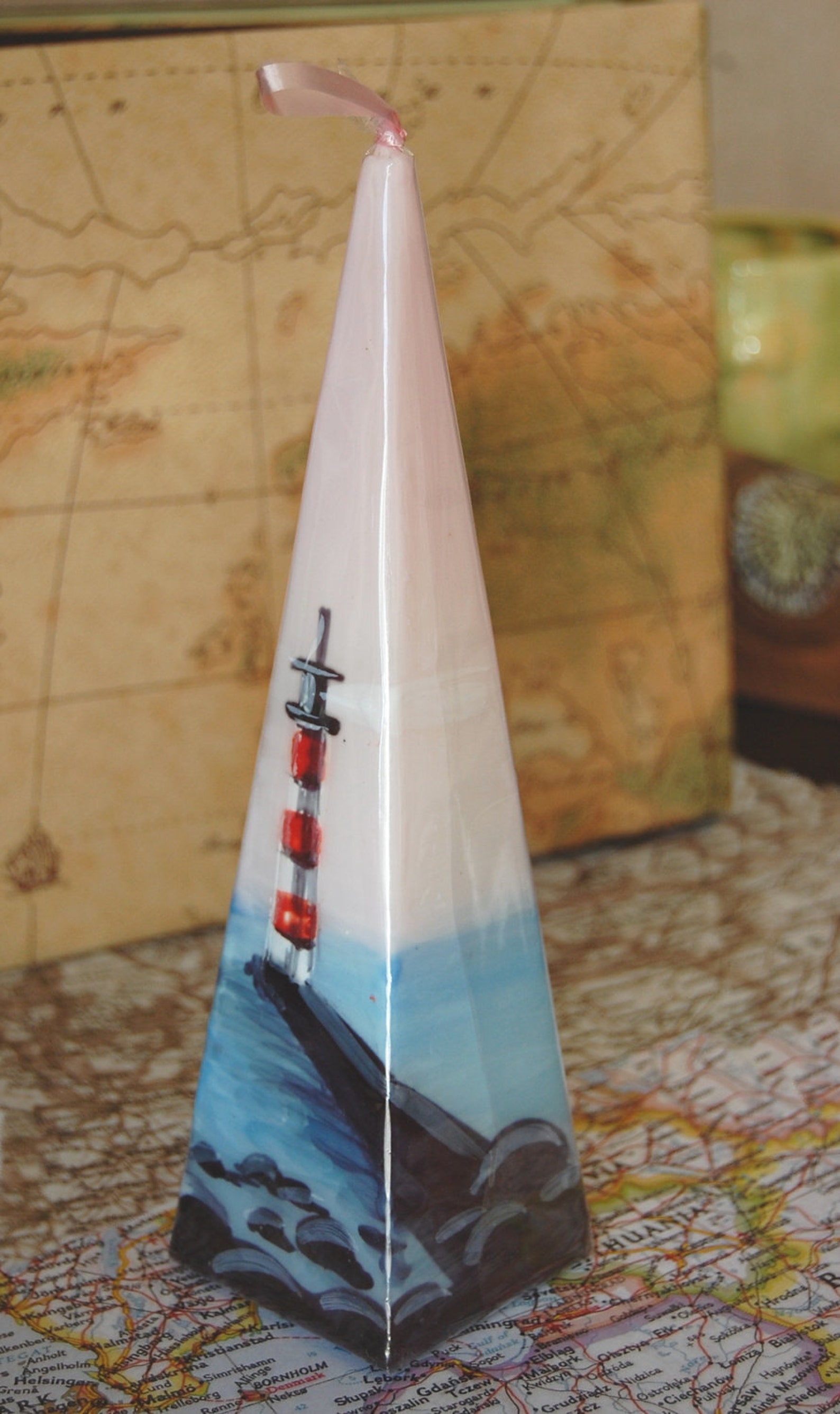 Handpainted Pyramid Candle With Lighthouse on the Breakwater - Etsy