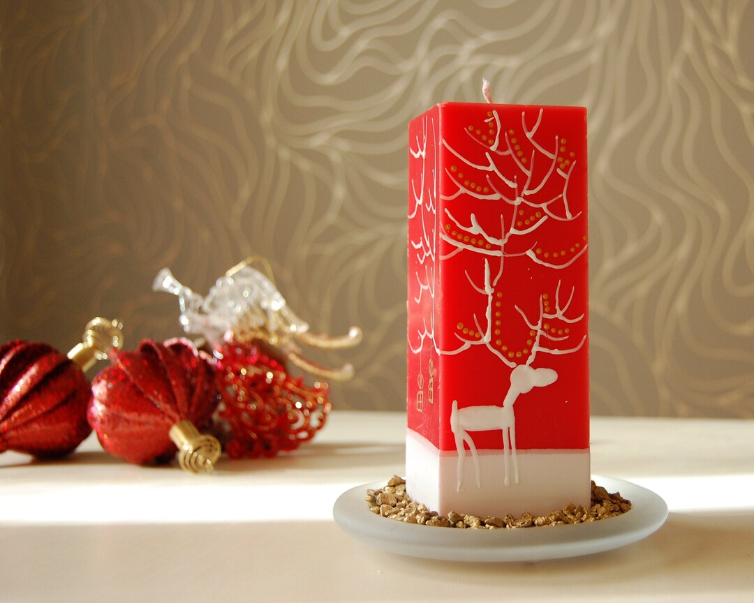Christmas Pillar Candle Rectangle, Handpainted White Deer on Red or ...