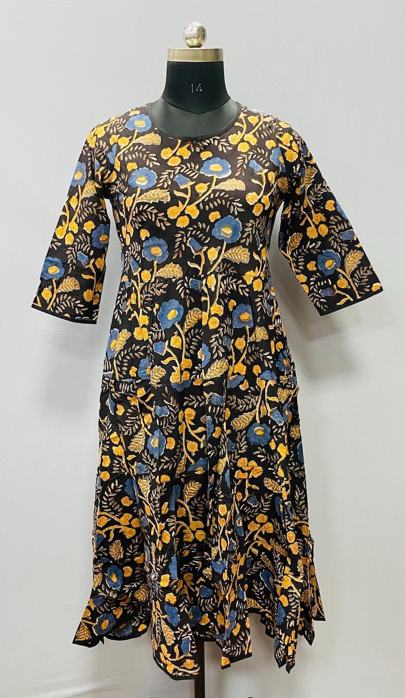Jaipur Hand Block Print Cotton Dress, Floral Vine Tiered Midi, Boho ...