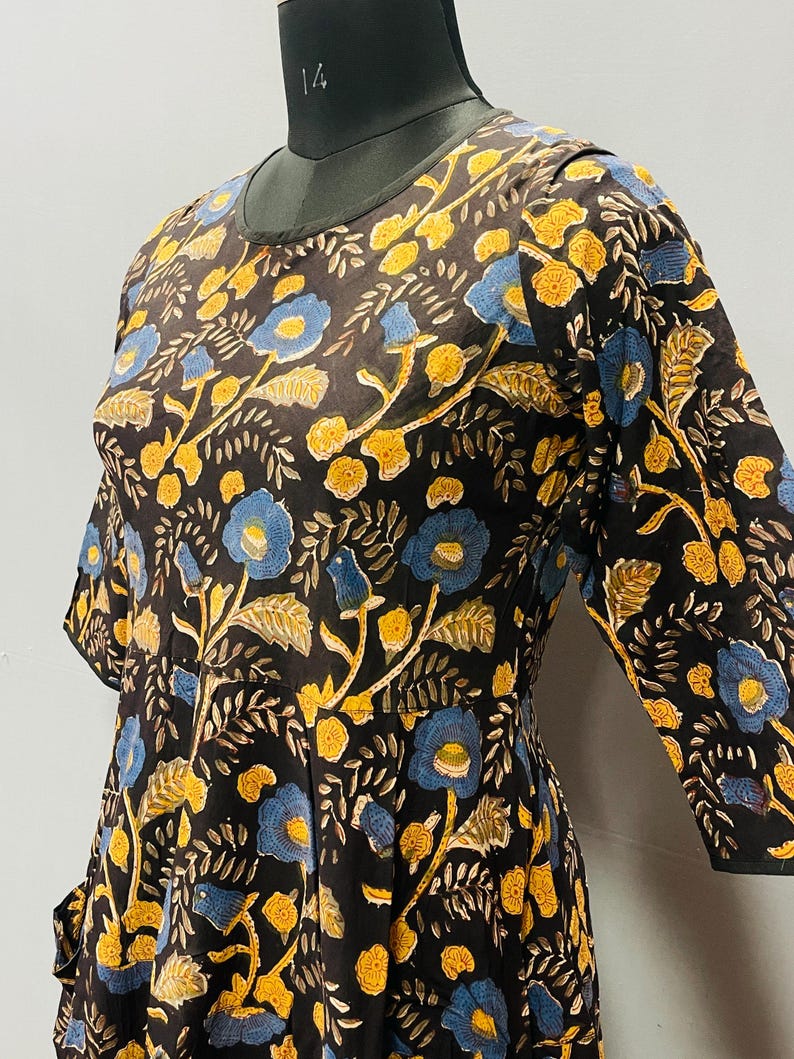 Jaipur Hand Block Print Cotton Dress, Floral Vine Tiered Midi, Boho ...
