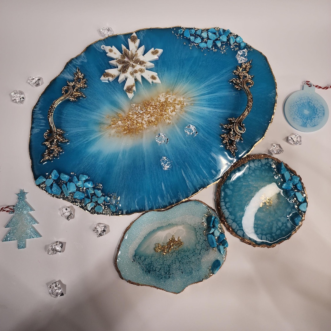 Resin Geode Tray and Two Coasters With Real Stones - Geode Plateau Set ...