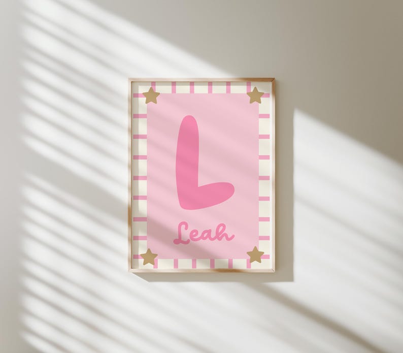 Girls Personalised Pink Star Wall Print Design for Nursery or Bedroom ...