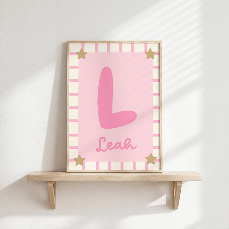 Girls Personalised Pink Star Wall Print Design for Nursery or Bedroom ...