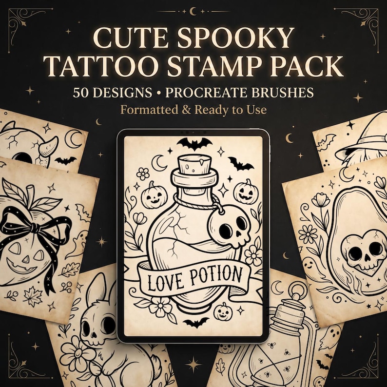Spooky Tattoo Stamp Pack | 50 Procreate Brushes, Halloween Flash ...
