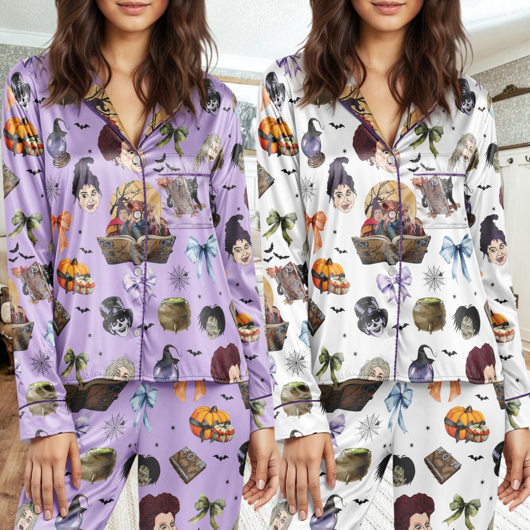 Hocus Pocus Coquette Bow Halloween Satin Pajamas Set, Sanderson Sisters ...
