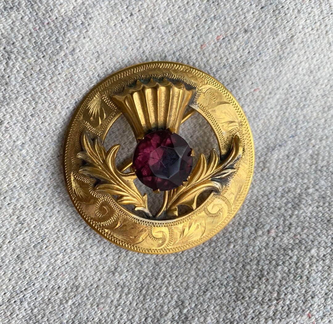 Antique Victorian Amethyst Glass Thistle Scotland Brooch, Mid Century ...