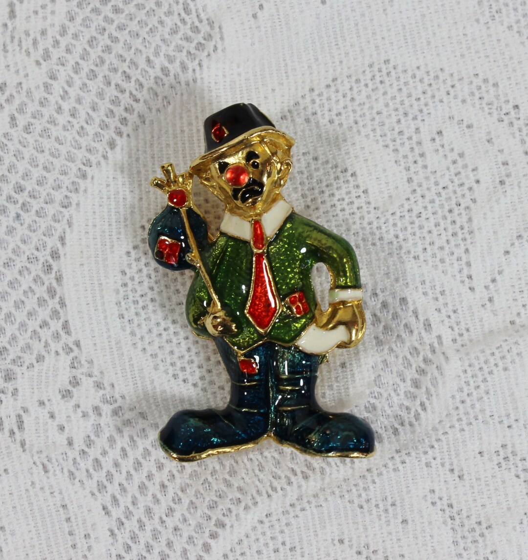 Vintage Enamel Clown Brooch/ Pin- Hobo Clown- Green, Black, Red- Sad ...