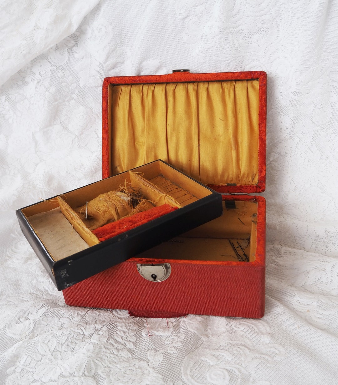 19th Century Velvet Victorian Sewing Box- Red Orange Gold- Edwardian ...