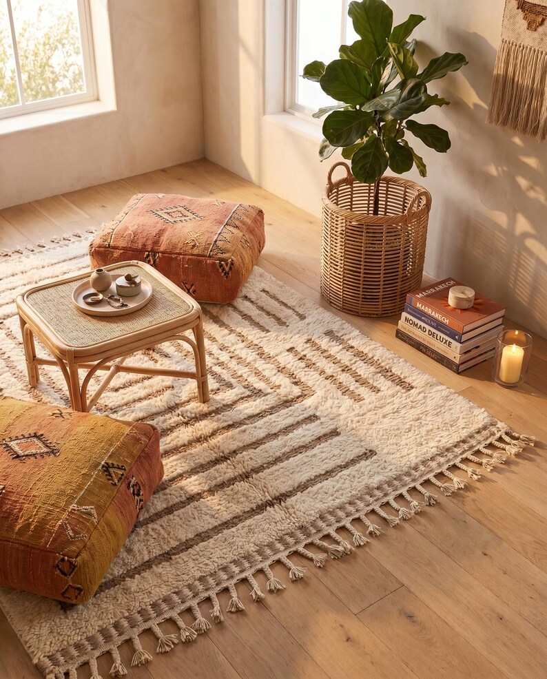 Handwoven Wool Rug, Cream Beige Spiral Pattern, Thick Moroccan Living ...