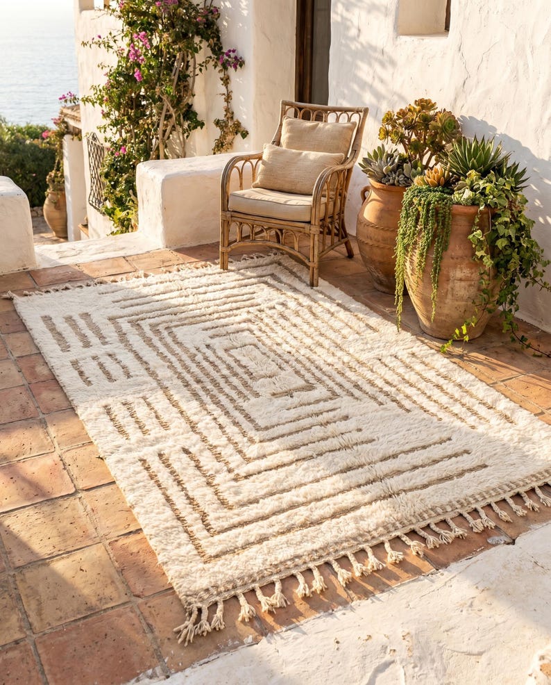 Handwoven Wool Rug, Cream Beige Spiral Pattern, Thick Moroccan Living ...
